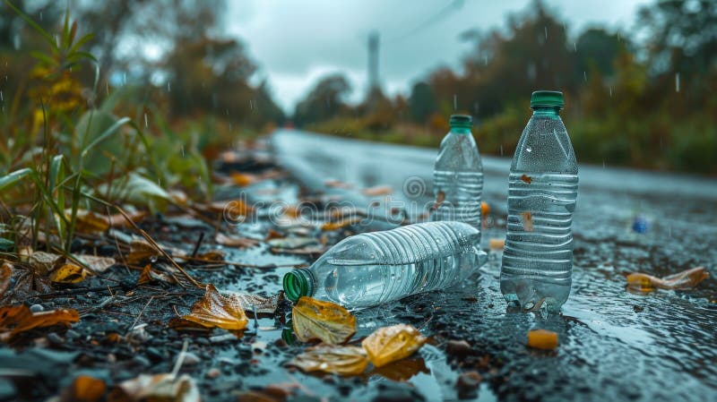 Environmental Pollution. Littered Roadside Covered in Plastic Bottles ...