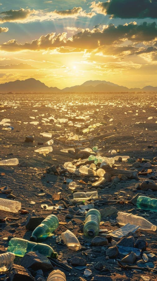 Environmental Pollution with Plastic Waste at Sunset, Landscape with ...