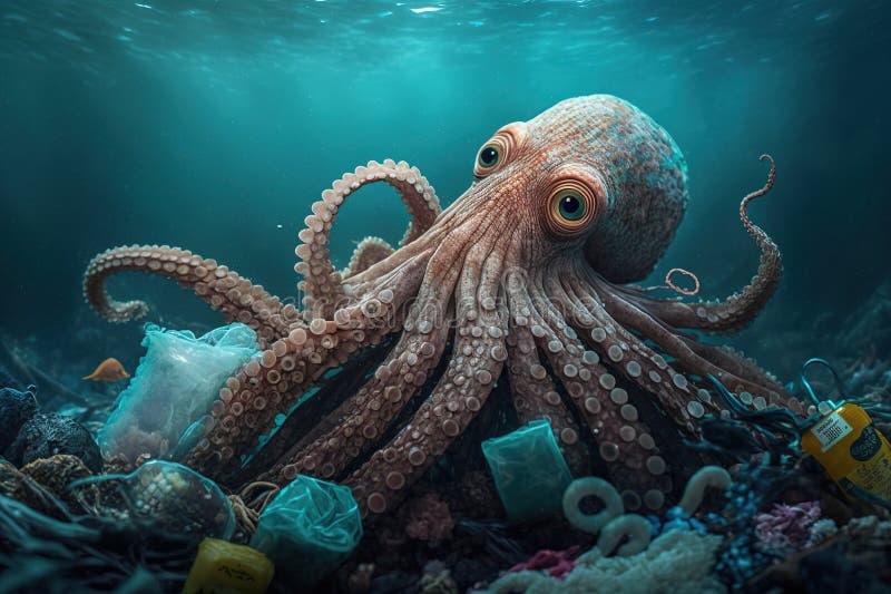 A Illustration of an Octopus among Plastic Waste in the Ocean ...