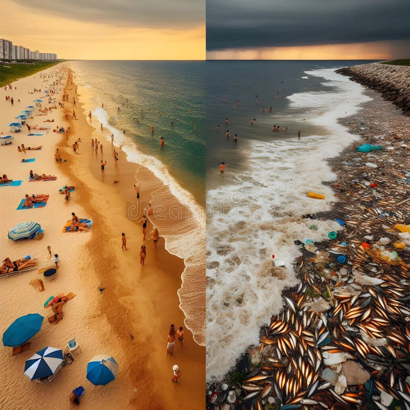 Clean Beach Versus Polluted Beach Showing Environmental Damage with ...