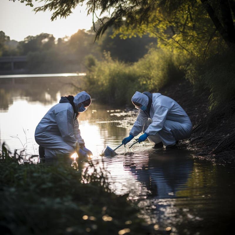 Environmental Scientists Collecting Water Samples in Protective Gear by ...