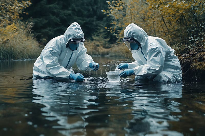 Environmental Scientists in Hazmat Suits Sampling Water in a Forest ...
