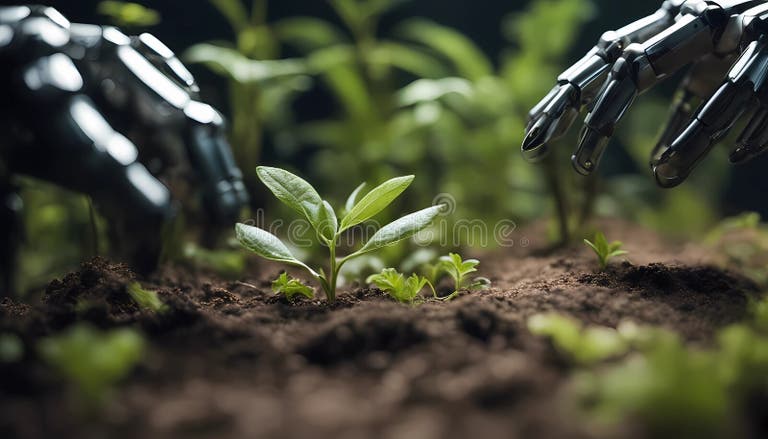 Environmental Technology Concept, Robot Hand Holding Small Plants ...