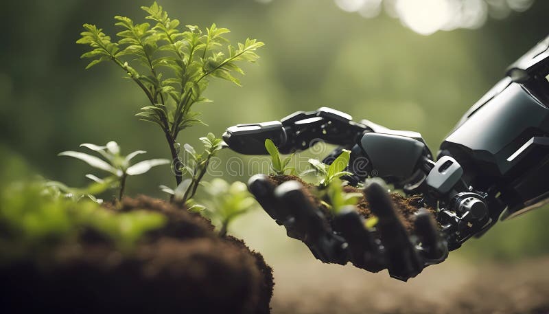 Environmental Technology Concept, Robot Hand Holding Small Plants ...