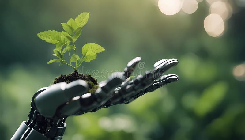 Environmental Technology Concept, Robot Hand Holding Small Plants ...