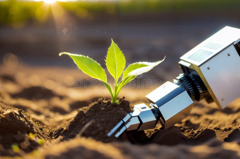 Robot Hand Planting Small Plant with Environment Background. Artificial ...