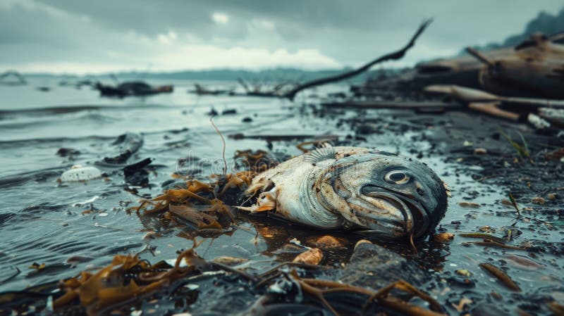 Environmental Tragedy Dead Fish on Polluted Shore with Murky Waters and ...