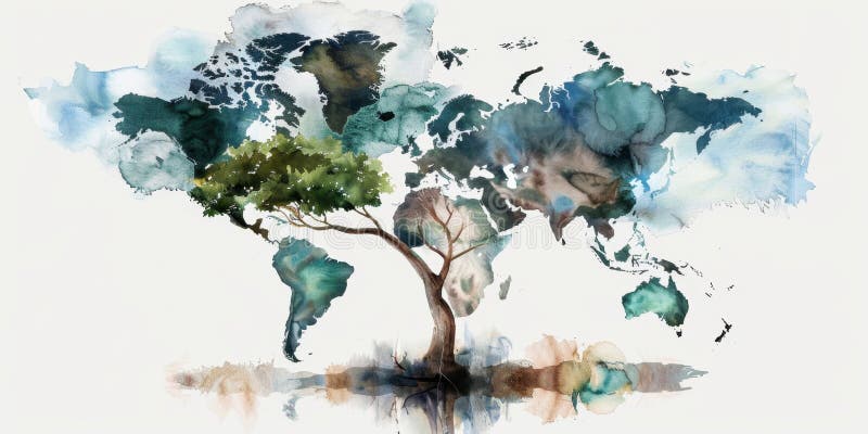 Environmental Unity Concept with Tree Over World Map in Watercolor ...