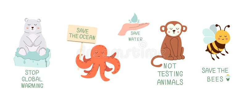 Environmentally Friendly Set with Cute Animals Polar Bear, Octopus, Bee ...