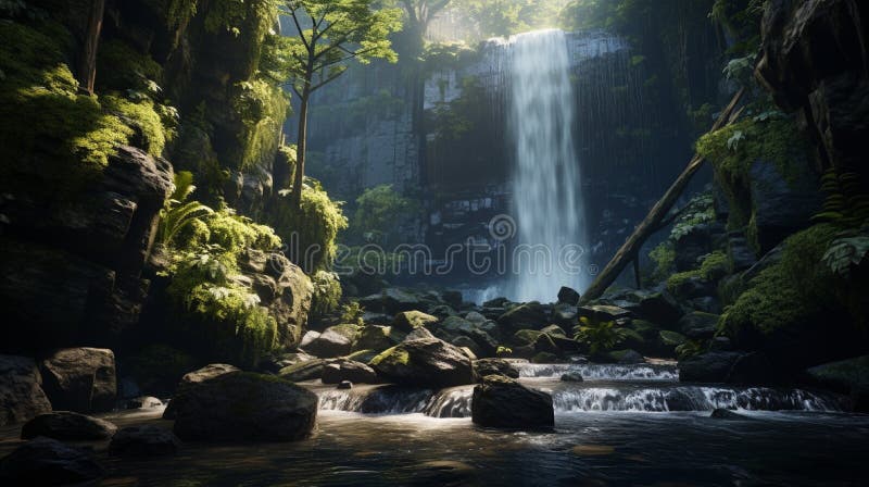 A Cascading Waterfall Hidden in a Deep Forest Stock Illustration ...