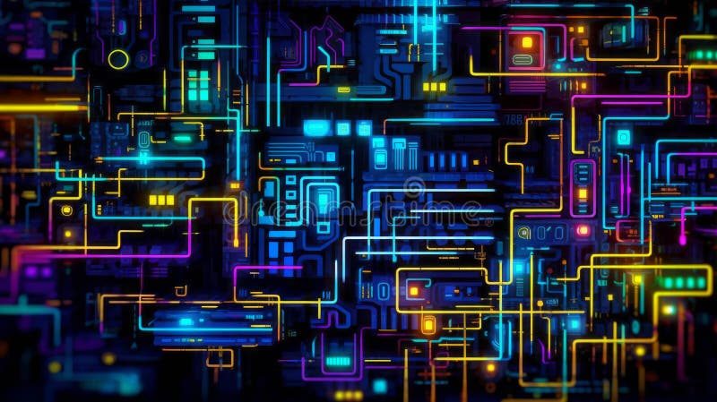 Envision a Digital Landscape Where Circuits Intertwine with Neon Lights ...