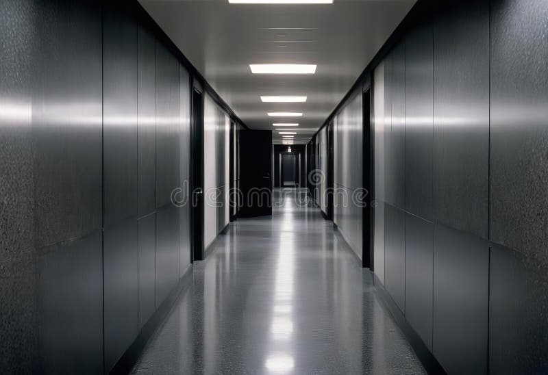 Envision a Long Hallway Designed with a Dramatic of Light and Shadow ...
