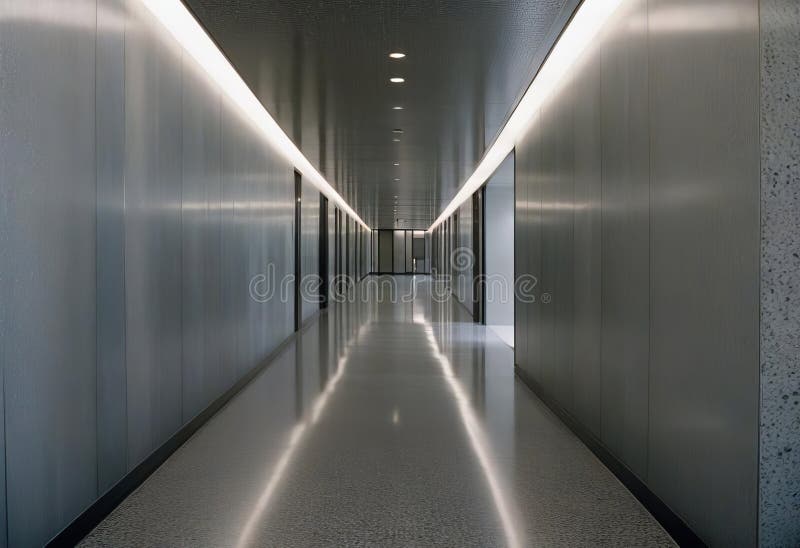 Envision a Long Hallway Designed with a Dramatic of Light and Shadow ...