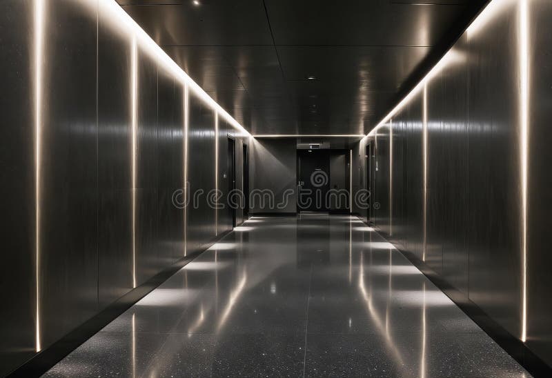 Envision a Long Hallway Designed with a Dramatic of Light and Shadow ...