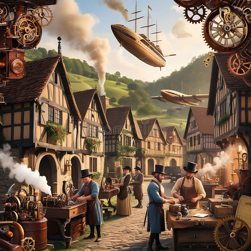 Envision a Medieval Village with Steampunk Elements Like Clockwork ...