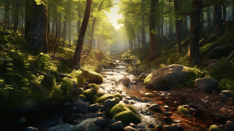 A Sun-dappled Forest with a Babbling Brook Stock Illustration - Illustration of outdoor ...