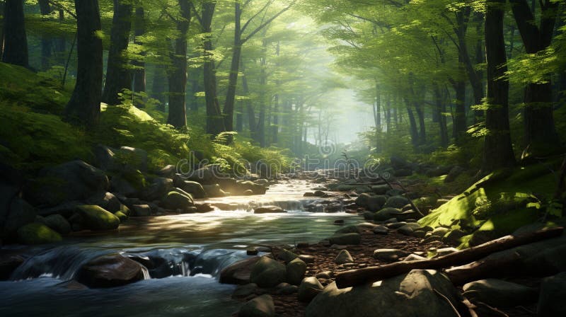 A Sun-dappled Forest with a Babbling Brook Stock Illustration - Illustration of view, summer ...