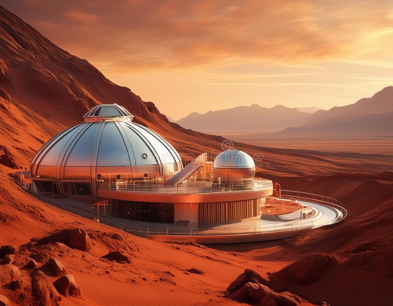 Futuristic Mars Colony Under Sunset Sky Stock Illustration ...