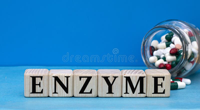ENZYME Word on Cubes on a Blue Background with a Jar of Tablets Stock ...