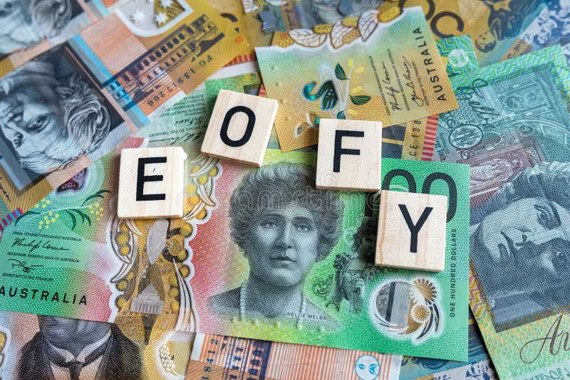EOFY Text on Aussie 50 100 Australian Dollar Money. End of a Financial ...