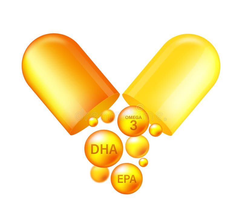EPA, DHA Vector Drops Set. Chemical Formula .Shining Golden Substance ...
