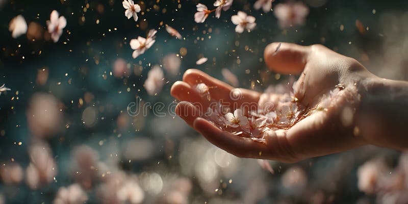 Ephemeral Beauty a Hand Receiving Falling Petals Stock Illustration ...