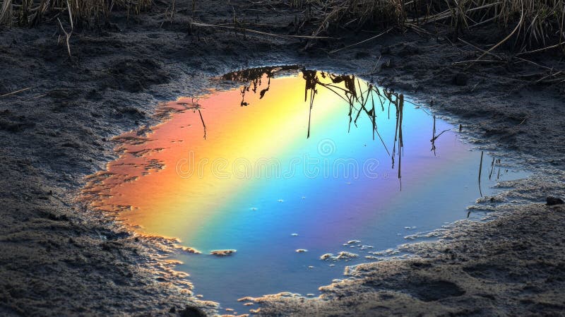 Ephemeral Beauty a Rainbows Transient Reflection in a Muddy Puddle ...