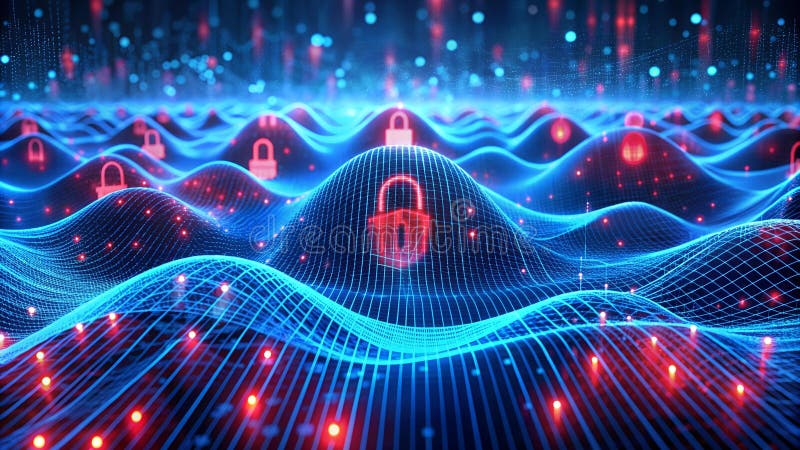 Ephemeral Echoes Blue Matrix Waves and Crimson Threat Lines - a 3D ...