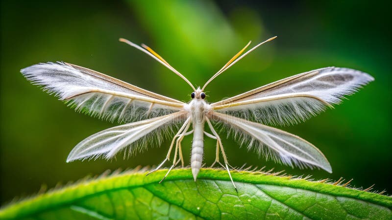 Ephemeral Elegance a Macro View of a Plume Moth Resting on a Leaf ...