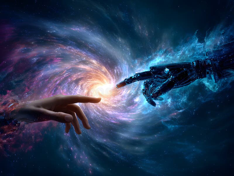 AI-Generated Cosmic Connection – Human and Robotic Hand Reaching in ...