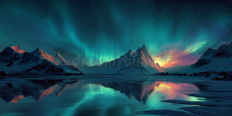 Epic Aurora Borealis Mountain Lake Reflection Panorama Stock Illustration - Illustration of ...
