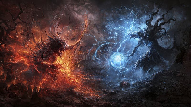 Epic Battle of Elements Fire Vs Ice Fantasy Realm Digital Art Dark ...