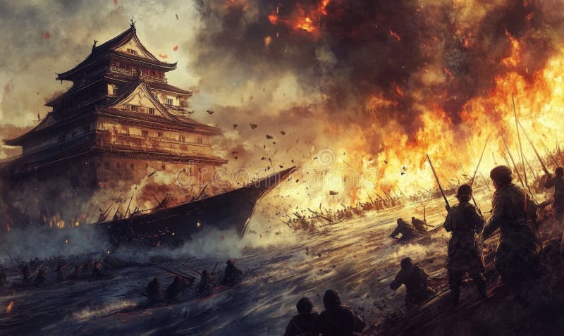 Epic Battle Scene with Burning Castle and Warriors Stock Image - Image ...