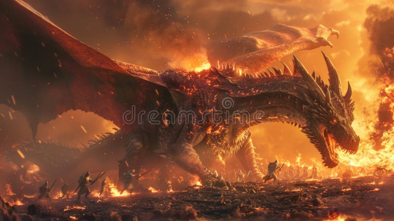 Epic Battle Scene Featuring a Dragon Spewing Fire upon Warriors in a ...