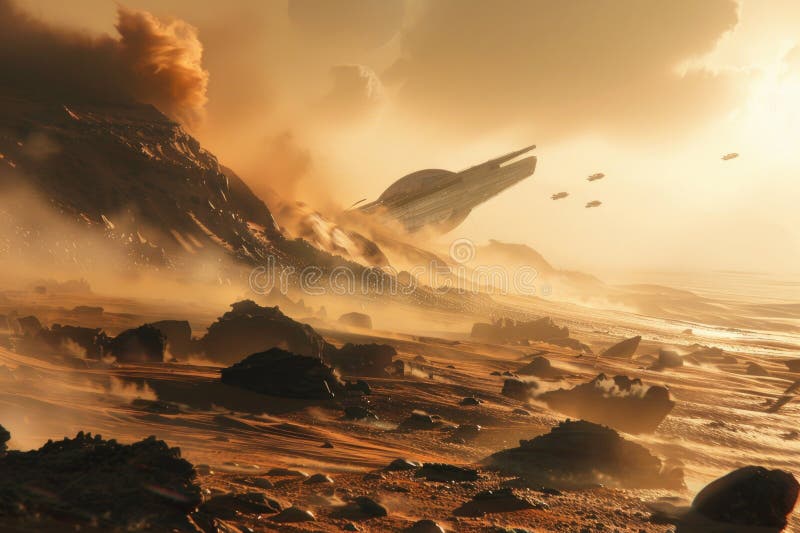 Epic Battle Scene on Mars Featuring Futuristic Spacecraft, Alien ...