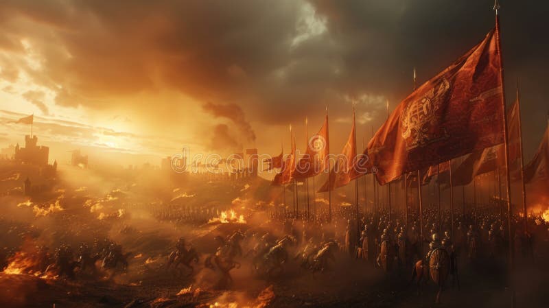 An Epic Battle Scene with Soldiers and Horses Under a Dramatic Sky at ...