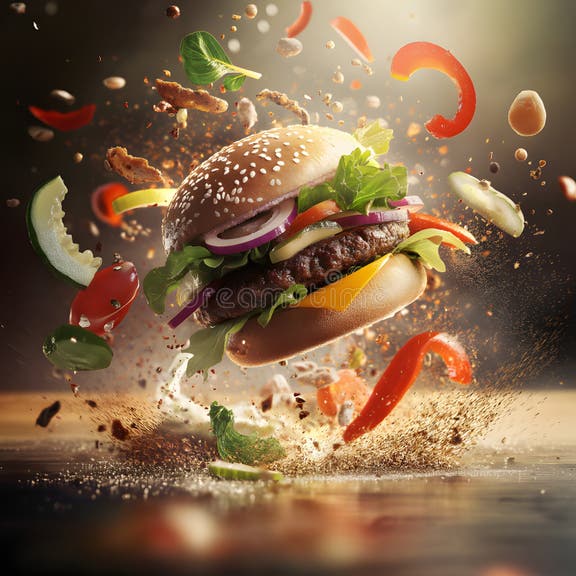 Epic Burger Explosion in Mid-Flight Stock Photo - Image of dynamic ...