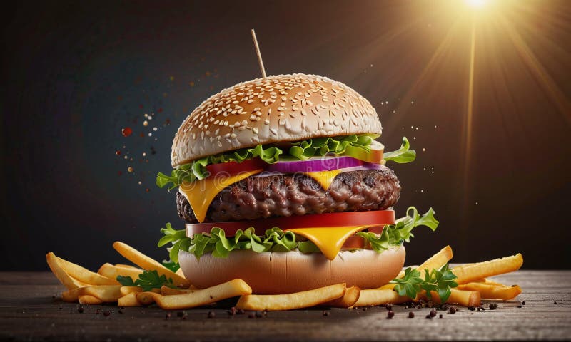 Epic Burger Flying in the Air Stock Illustration - Illustration of ...