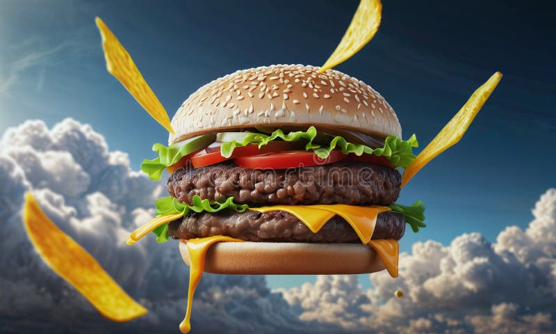 Epic Burger Flying in the Air Stock Illustration - Illustration of ...