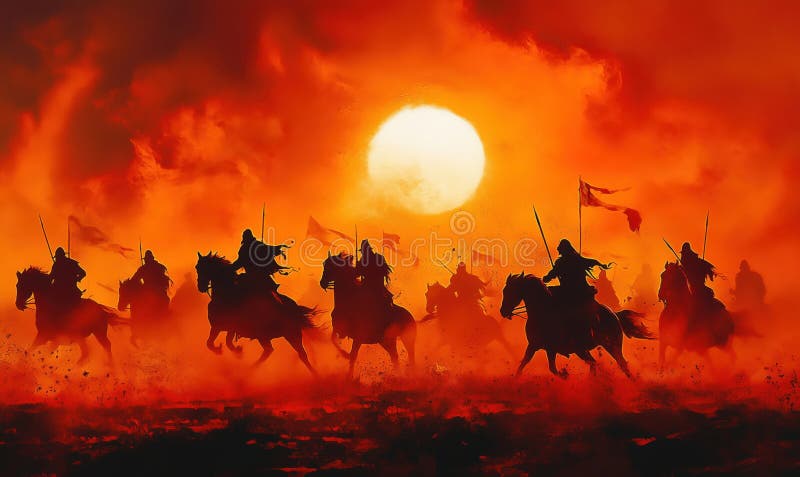 Epic Cavalry Charge at Sunset with Dramatic Orange Sky and Silhouettes ...
