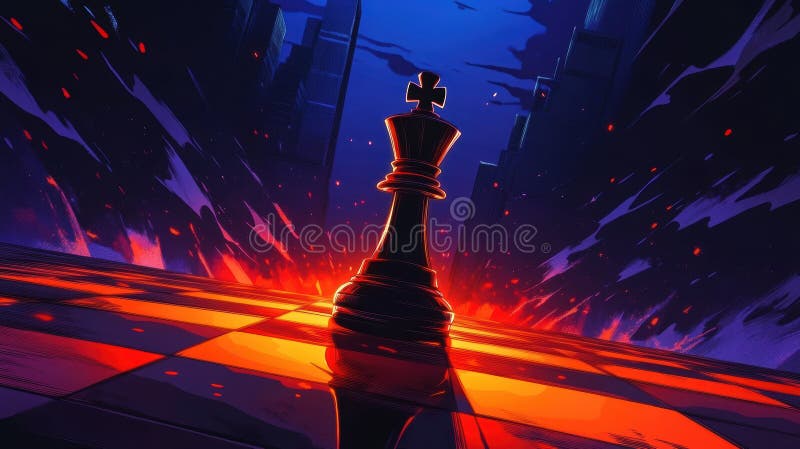 Epic Chess Battle on Fiery Chessboard with Dramatic Cityscape Backdrop ...