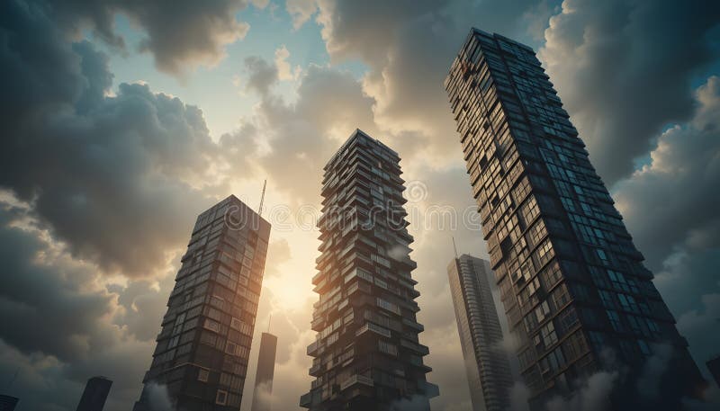 Epic Cityscape Illustration Skyscrapers Under a Dramatic Sky Sun Rays ...