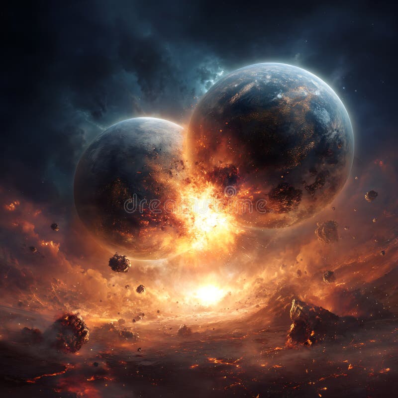 Epic Collision of Two Planets Causing Fiery Cosmic Explosion in Outer Space. Stock Illustration ...