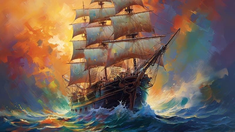 Epic Colorful Sailing Ship Illustration Stock Photo - Image of collage ...