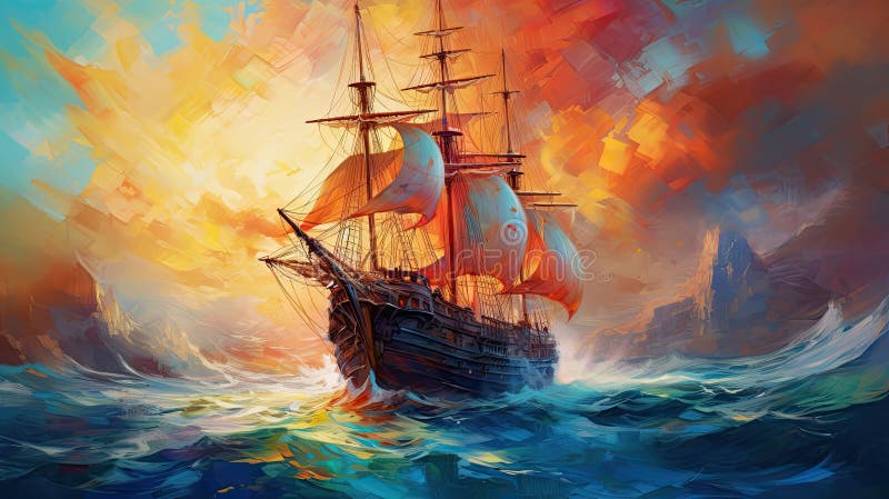 Epic Colorful Sailing Ship Illustration Stock Illustration ...