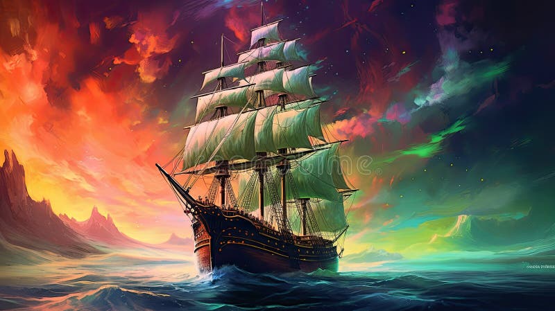 Epic Colorful Sailing Ship Illustration Stock Image - Image of ship ...