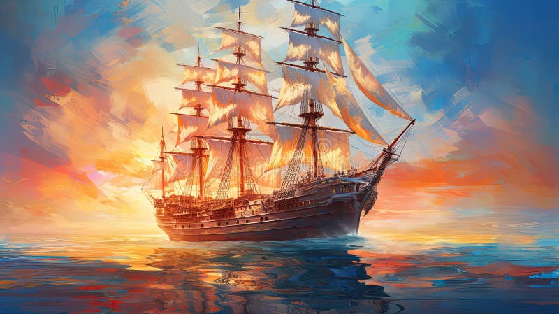 Epic Colorful Sailing Ship Illustration Stock Illustration ...