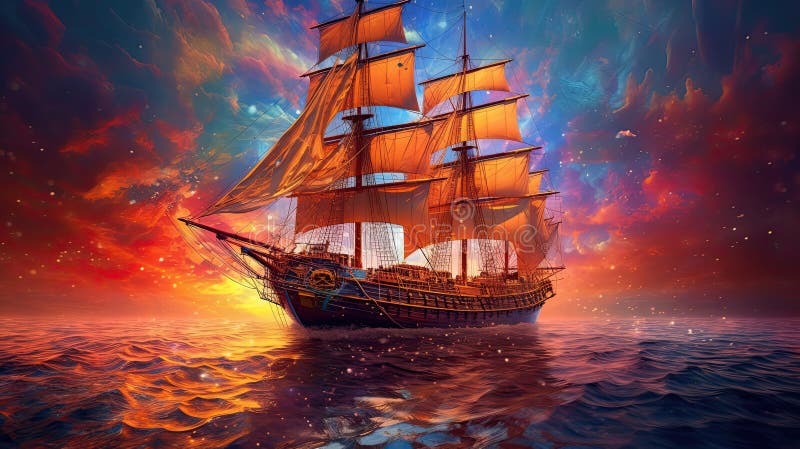 Epic Colorful Sailing Ship Illustration Stock Illustration ...