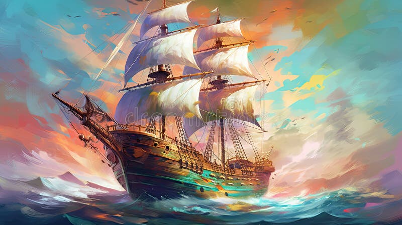 Epic Colorful Sailing Ship Illustration Stock Photo - Image of pink ...