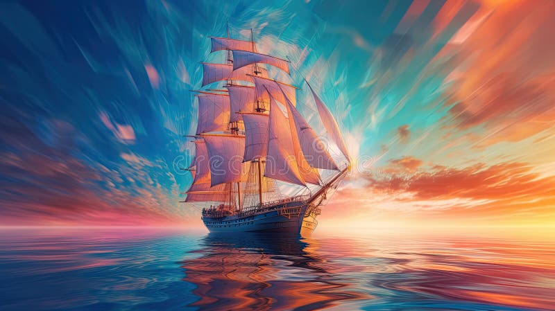 Epic Colorful Sailing Ship Illustration Stock Illustration ...